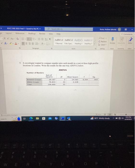 Solved 9. A sociologiat wanled to compare amuer nates each | Chegg.com