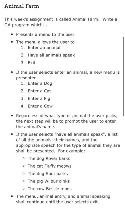 Solved Animal Farm This week's assignment is called Animal | Chegg.com