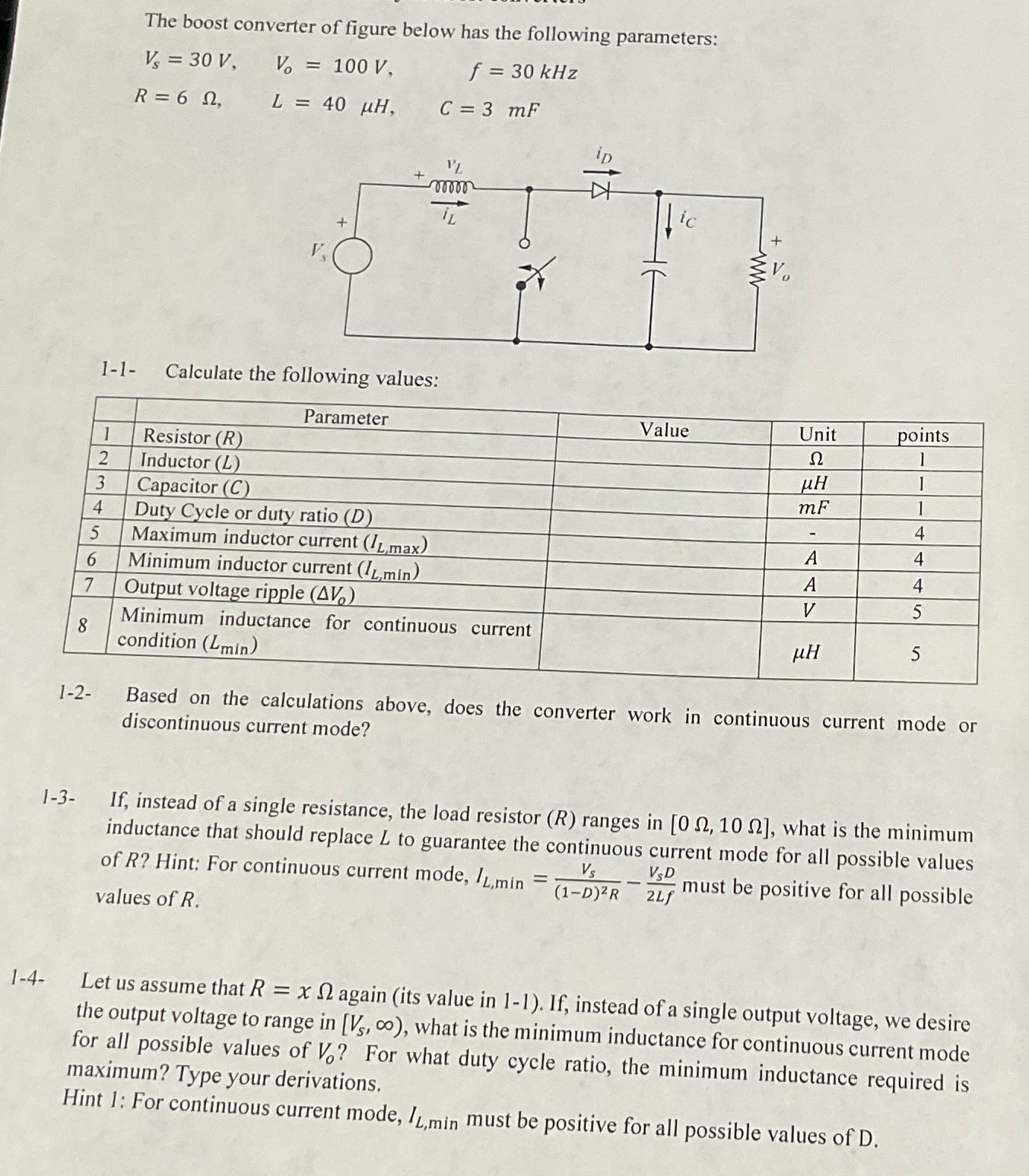 Solved The boost converter of figure below has the following | Chegg.com