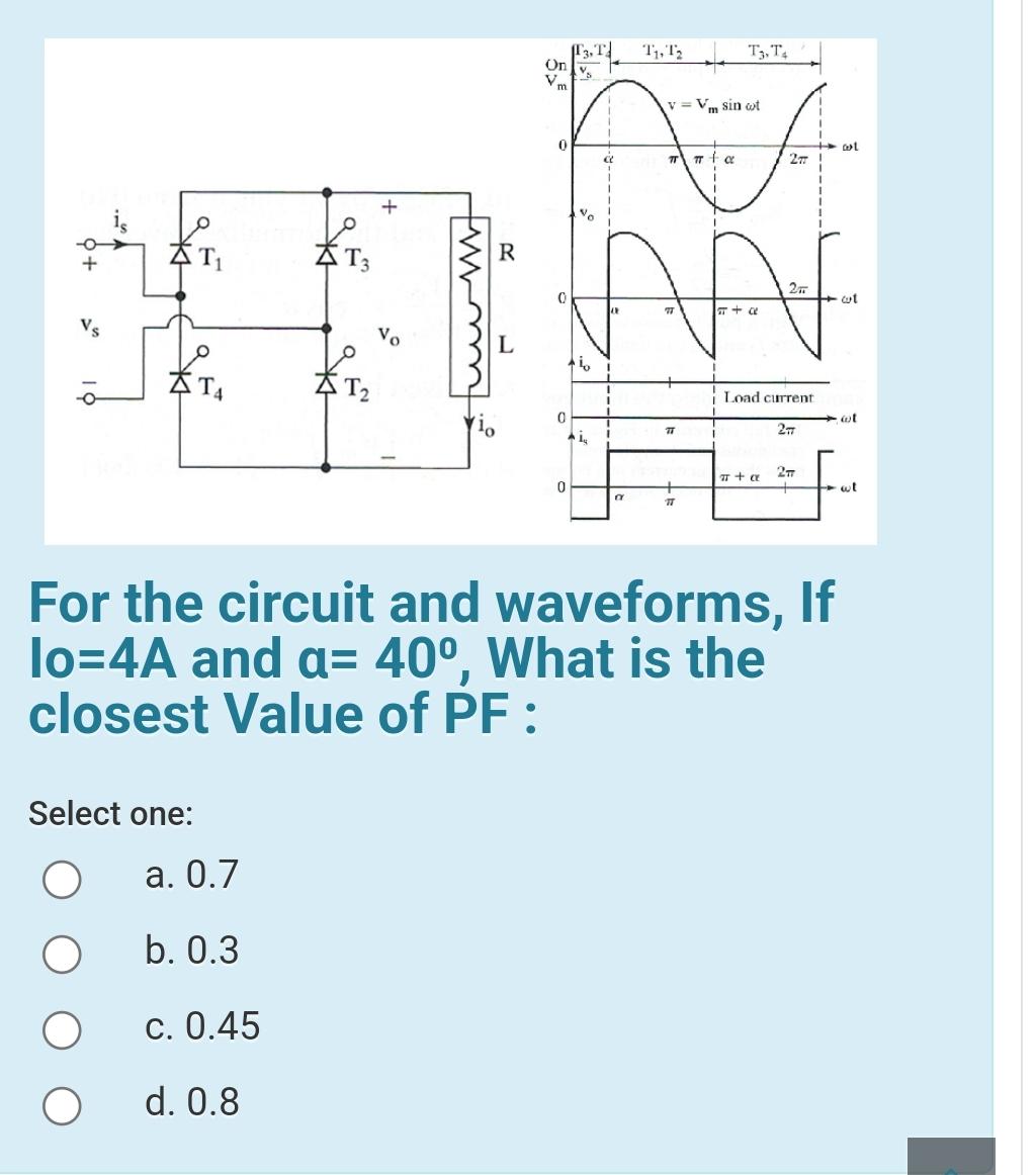 Solved For the circuit and waveforms, If lo =4A and a=40°, | Chegg.com