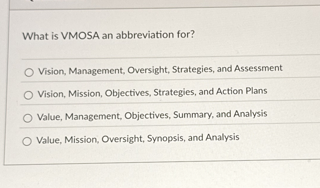 Solved What is VMOSA an abbreviation for?Vision, Management, | Chegg.com