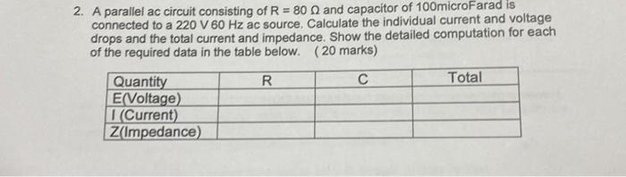 Solved A parallel ac circuit consisting of R=80Ω and | Chegg.com
