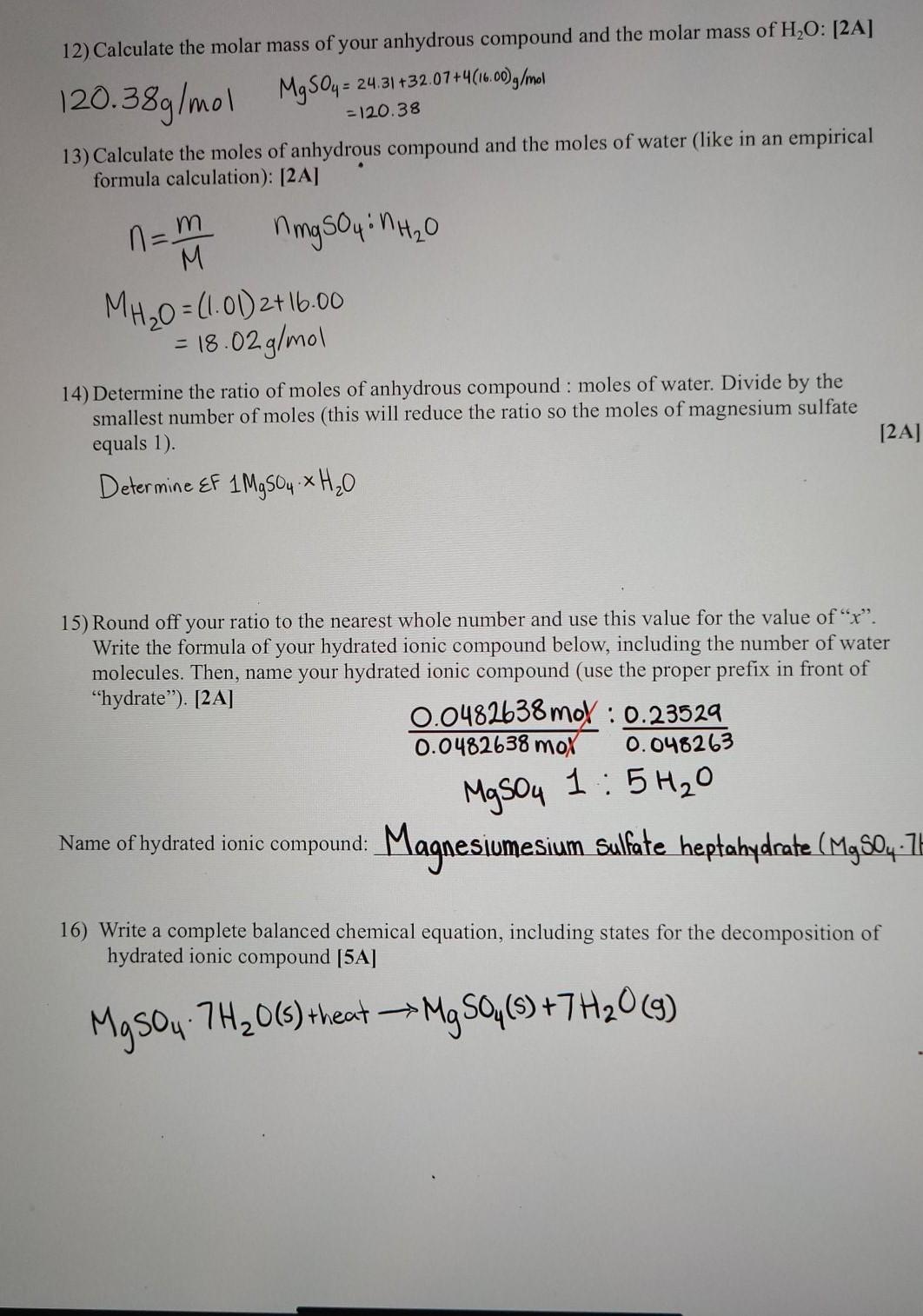 Solved 13) Calculate the moles of anhydrous compound and the | Chegg.com