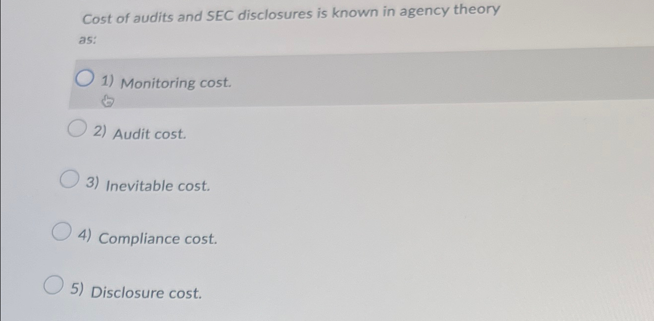 Solved Cost of audits and SEC disclosures is known in agency | Chegg.com