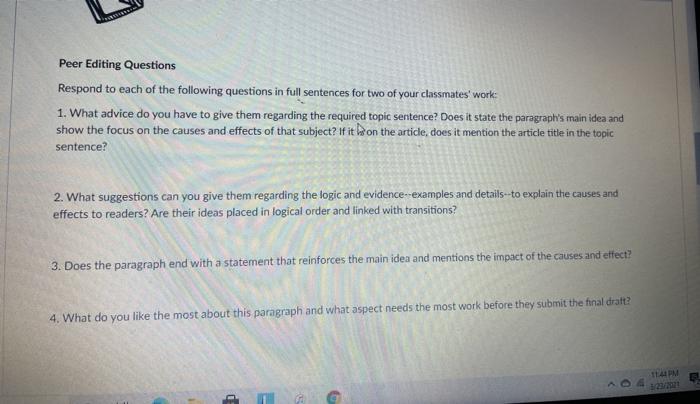 Peer Editing Questions Respond to each of the | Chegg.com