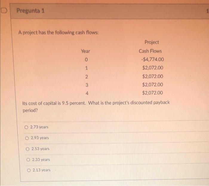Solved A project has the following cash flows: Its cost of | Chegg.com
