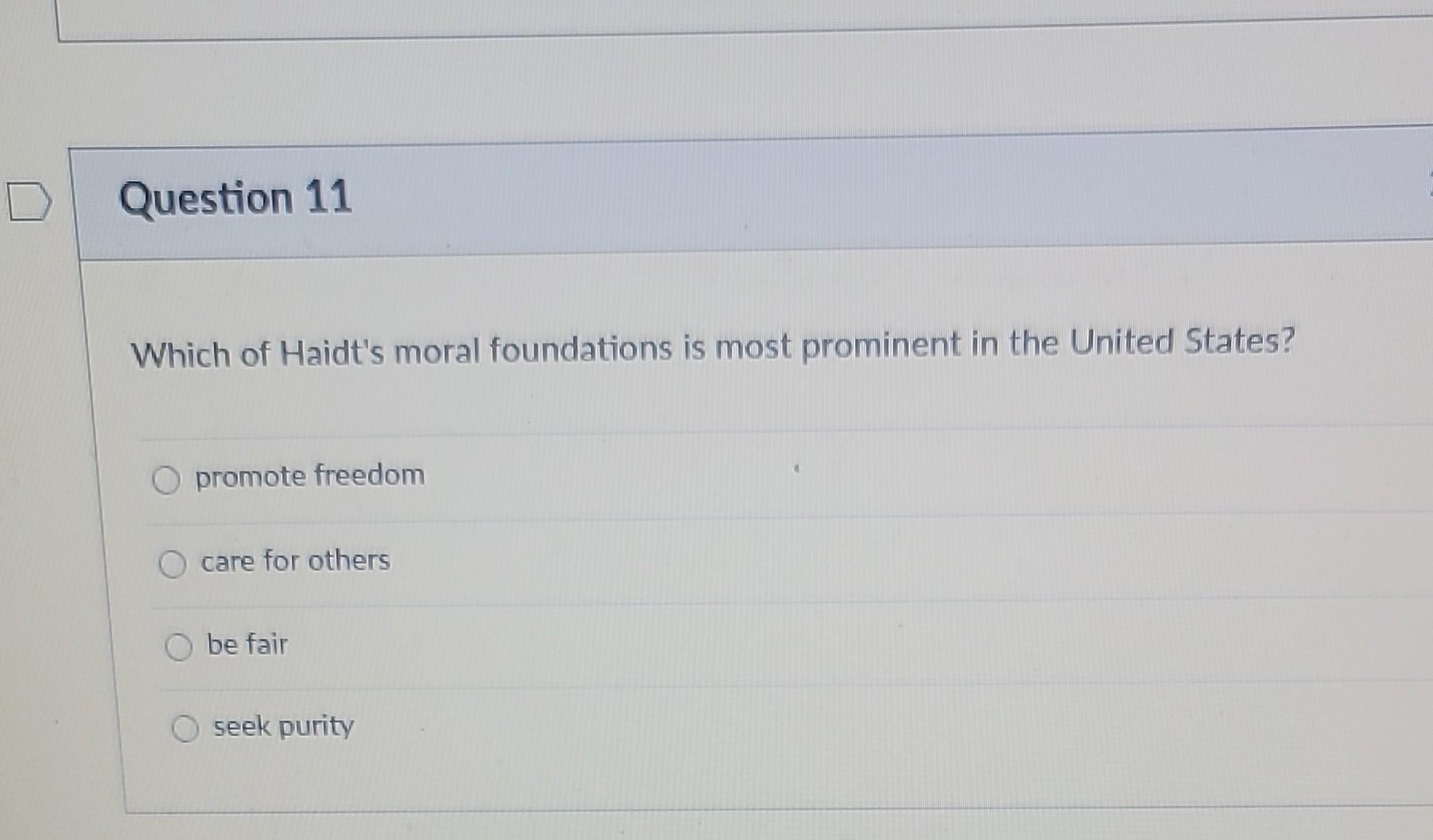 Solved Which of Haidt's moral foundations is most prominent | Chegg.com