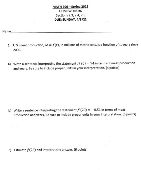 Solved MATH 206 - Spring 2022 HOMEWORK #6 Sections 2.3, 2.4, | Chegg.com