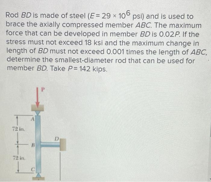 Solved Rod BD is made of steel (E=29×106psi) and is used to | Chegg.com