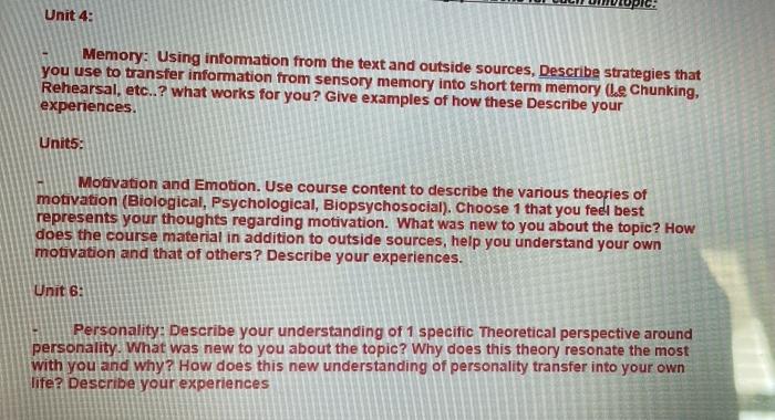 Solved Unit 4: Memory: Using information from the text and | Chegg.com