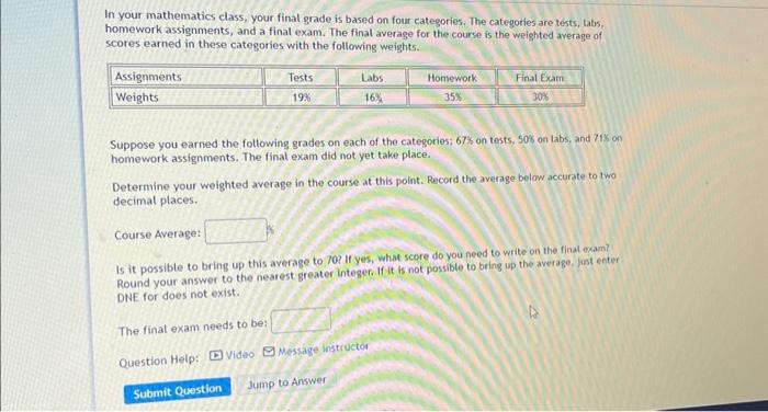 Solved In your mathematics class, your final grade is based | Chegg.com