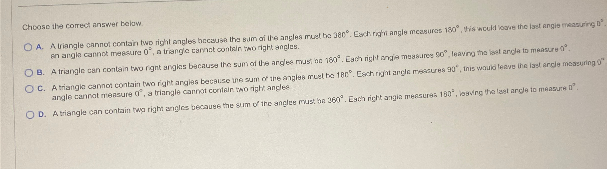 Solved Choose the correct answer below.A. ﻿A triangle cannot | Chegg.com