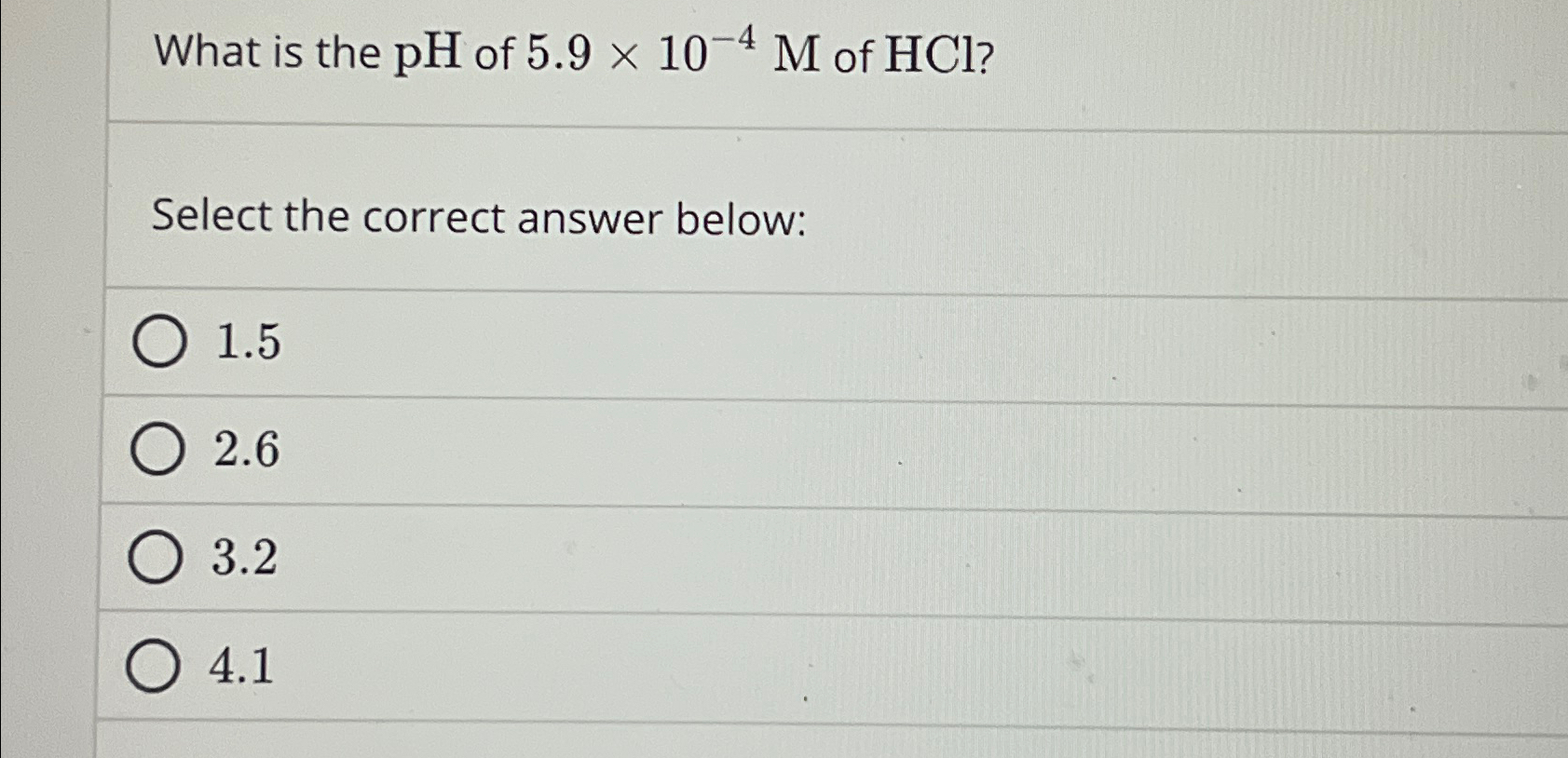 Solved What is the pH ﻿of 5.9×10-4M ﻿of HCl ?Select the | Chegg.com