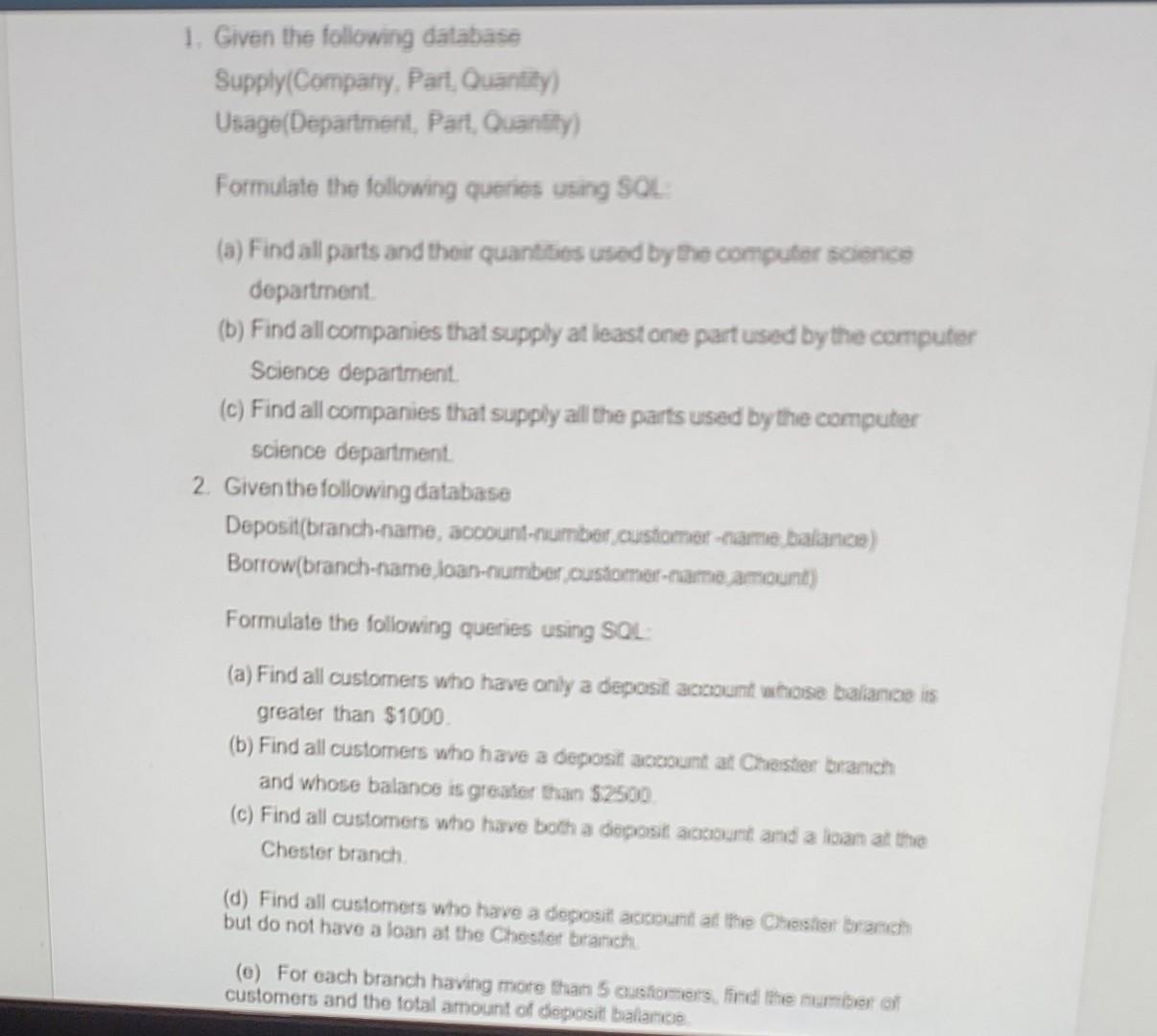Solved Supply(Compary, Part, Quantity) Usage(Department, | Chegg.com