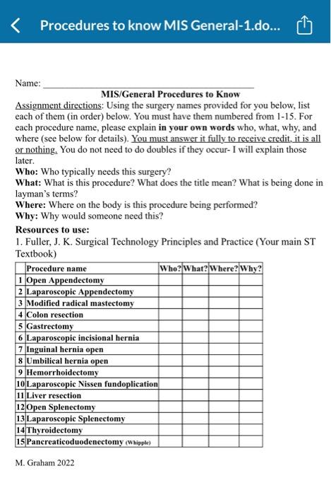 Solved Name: MIS/General Procedures to Know Assignment | Chegg.com