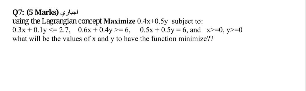 Solved Q7: (5 Marks) اجباري using the Lagrangian concept | Chegg.com Solved Q7: (5 Marks) اجباري using the Lagrangian concept | Chegg.com