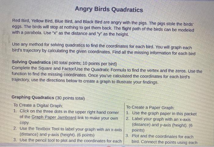 Solved Angry Birds Quadratics Red Bird, Yellow Bird, Blue | Chegg.com