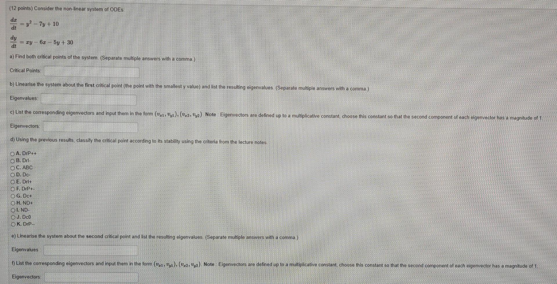 Solved (12 points) Consider the non-linear system of ODES: | Chegg.com