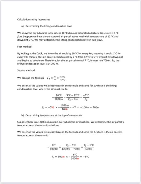 Solved Calculations using lapse rates a) Determining the | Chegg.com
