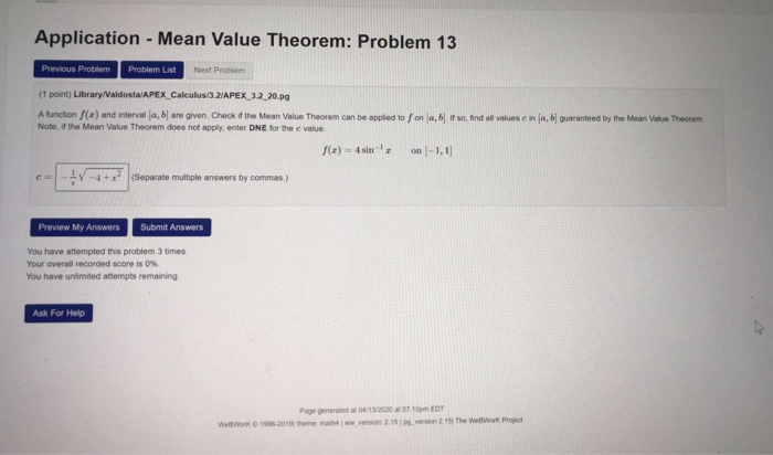 Solved Application - Mean Value Theorem: Problem 13 Previous | Chegg.com