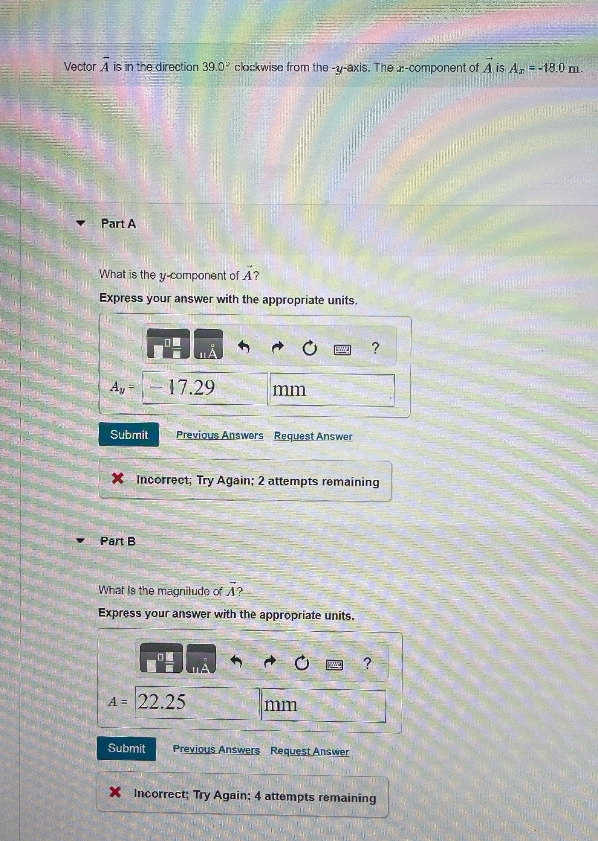 Solved Vector vec(A) ﻿is in the direction 39.0° ﻿clockwise | Chegg.com