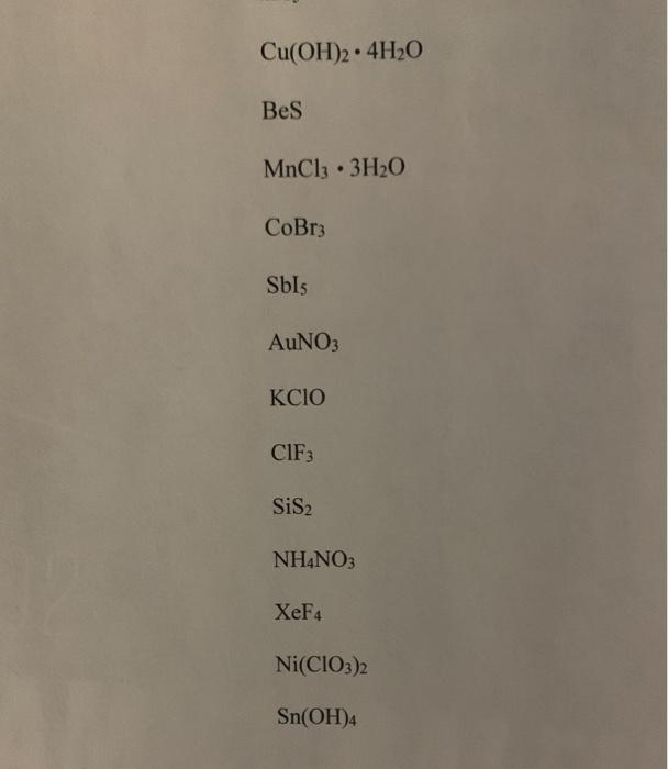 Solved Cu(OH)2.4H20 Bes MnCl3 • 3H20 CoBr3 Sbls AuNO3 КСІО | Chegg.com