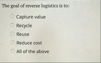 Solved The goal of reverse logistics is to:Capture | Chegg.com