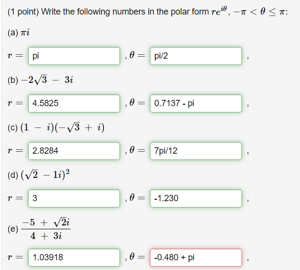 Solved (1 ﻿point) ﻿Write the following numbers in the polar | Chegg.com
