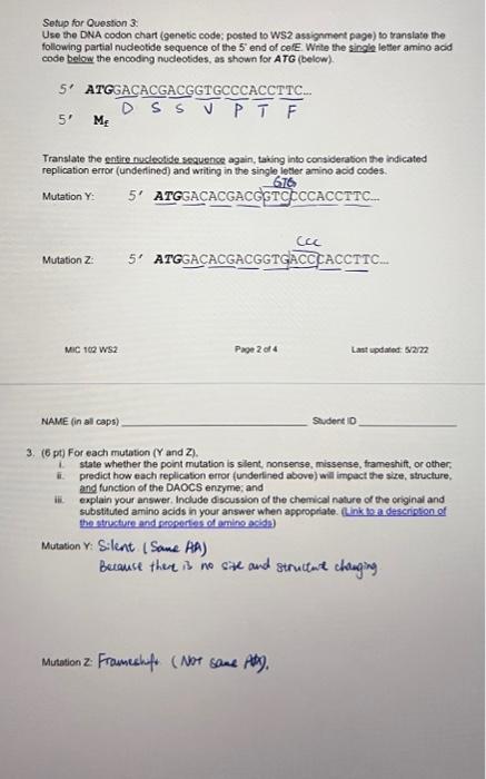 Solved Setup for Question 3 Use the DNA codon chart (genetic | Chegg.com