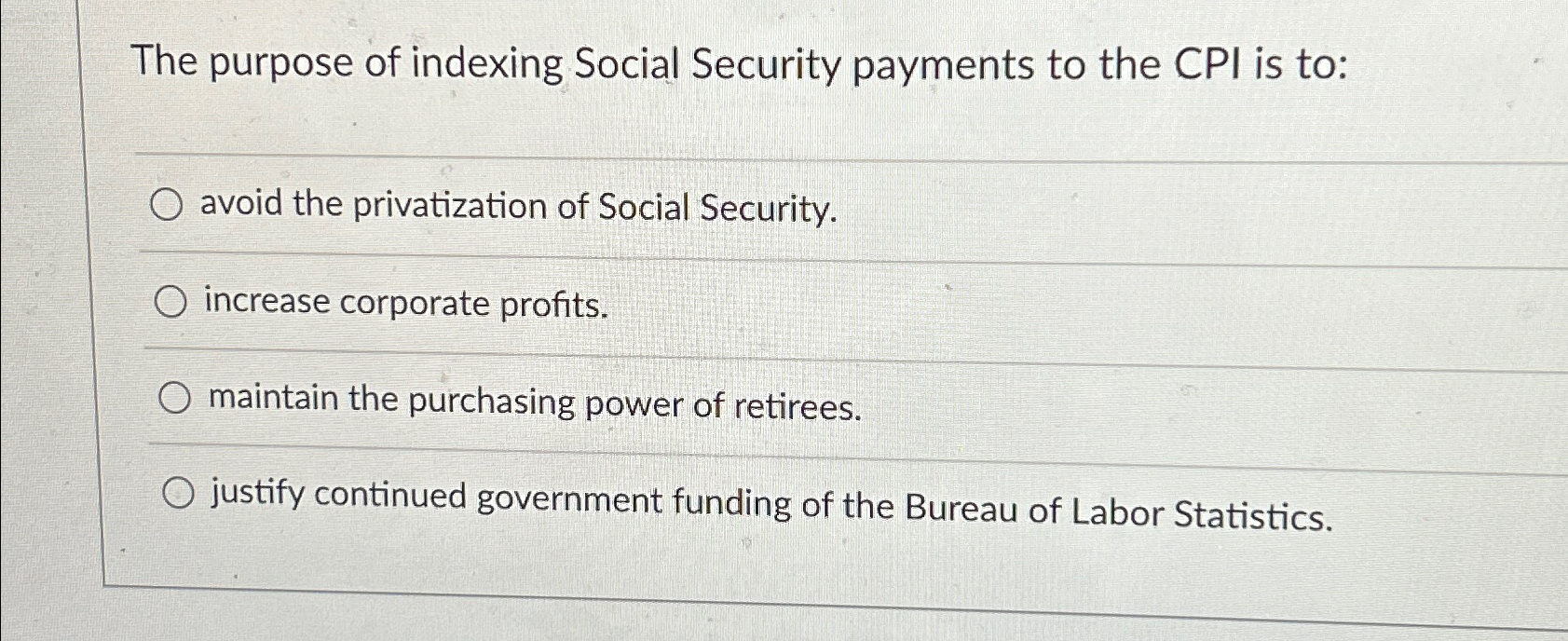 Solved The purpose of indexing Social Security payments to | Chegg.com