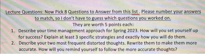 Lecture Questions: Now Pick 8 Questions to Answer | Chegg.com