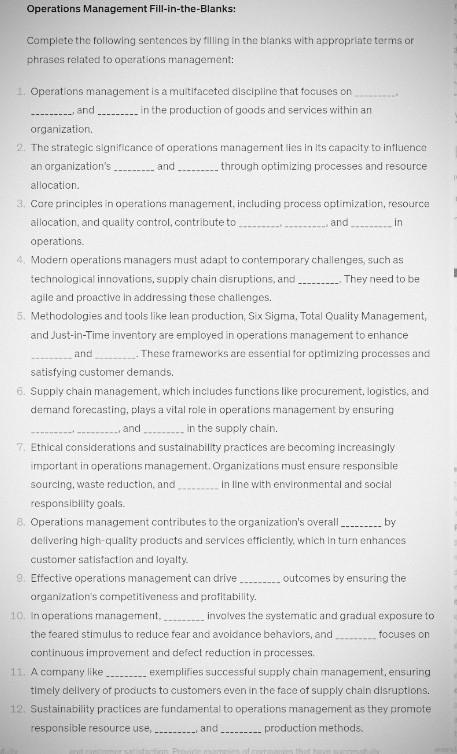 Solved Operations Management Fill-in-the-Blanks: Complete | Chegg.com