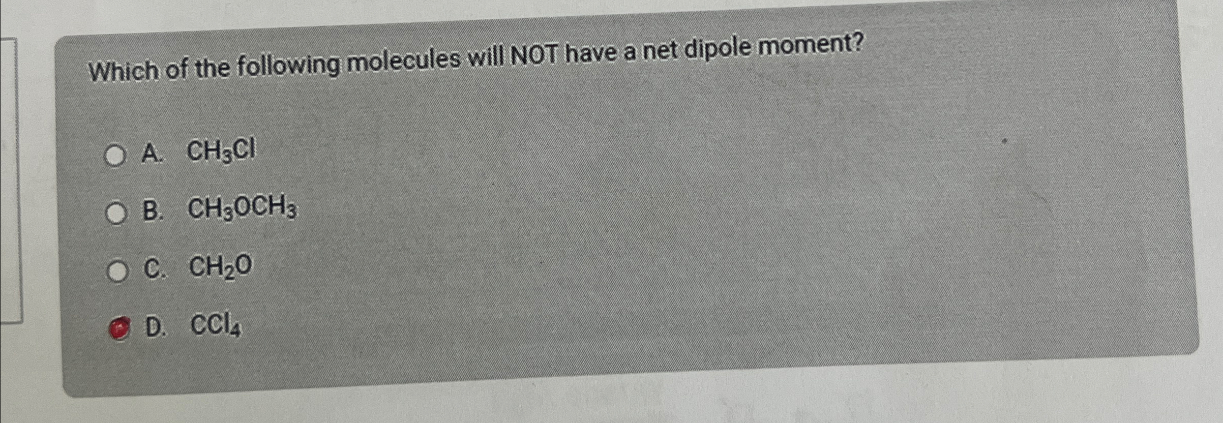 Solved Which of the following molecules will NOT have a net | Chegg.com