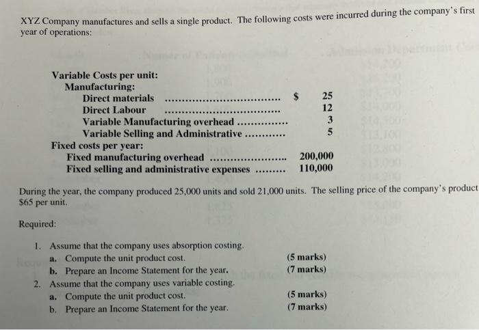 Solved XYZ Company manufactures and sells a single product. | Chegg.com