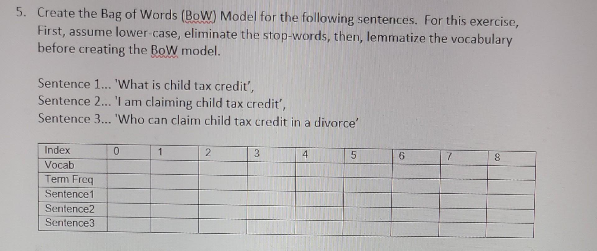 Solved 5. Create the Bag of Words (BOW) Model for the | Chegg.com