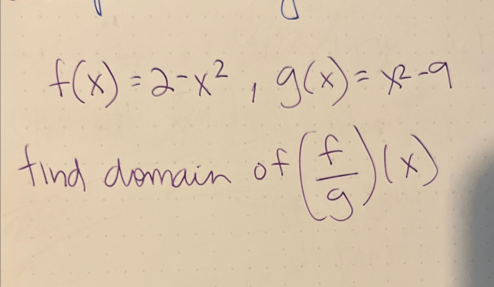 Solved f(x)=2-x2,g(x)=x2-9find domain of (fg)(x) | Chegg.com