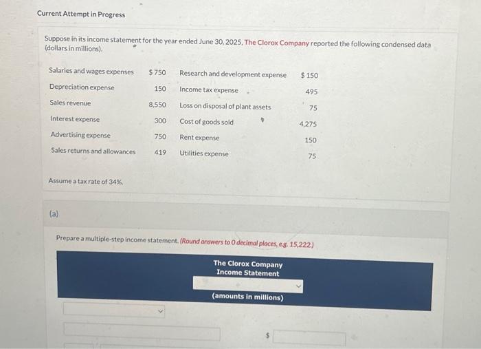 Solved Current Attempt in Progress Suppose in its income | Chegg.com