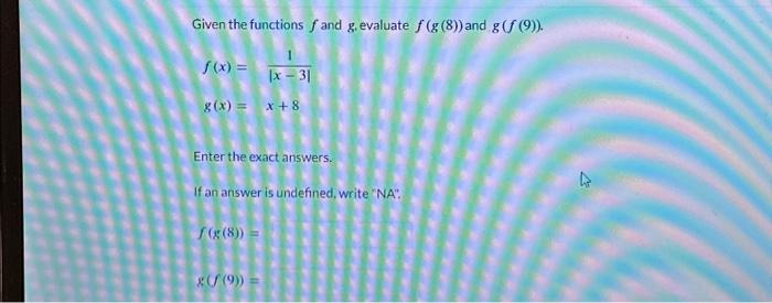 Solved Given the functions f and g, evaluate f (g (8)) and g | Chegg.com
