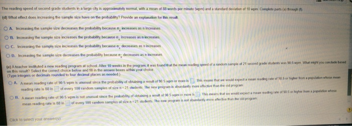 Solved The reading speed of second grade students in a large | Chegg.com