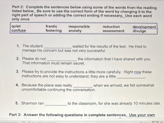 Part 2: Complete the sentences below using some of | Chegg.com