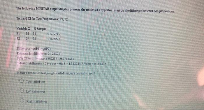 Solved The following MINITAB output display presents the | Chegg.com