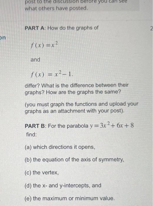 Solved PART A: How do the graphs of f(x)=x2 and f(x)=x2−1 | Chegg.com