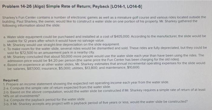 Solved Problem 14-26 (Algo) Simple Rate of Return; Payback | Chegg.com
