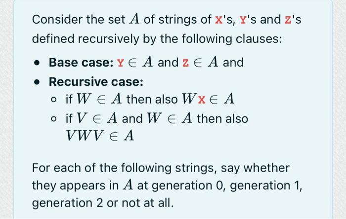 Consider the set A of strings of X′S,Y′s and Z′s | Chegg.com