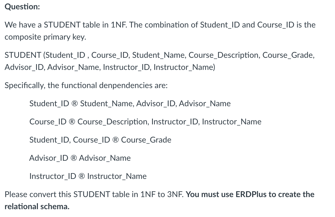 Solved Question:We have a STUDENT table in 1NF. ﻿The | Chegg.com