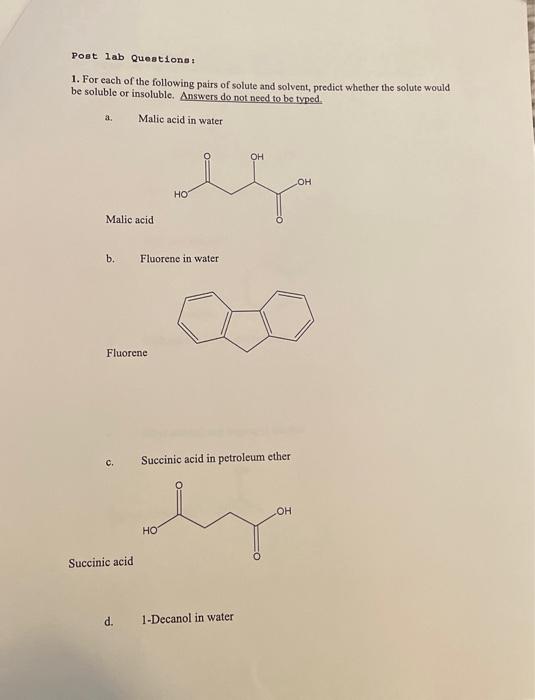Solved Post lab Questions: 1. For each of the following | Chegg.com