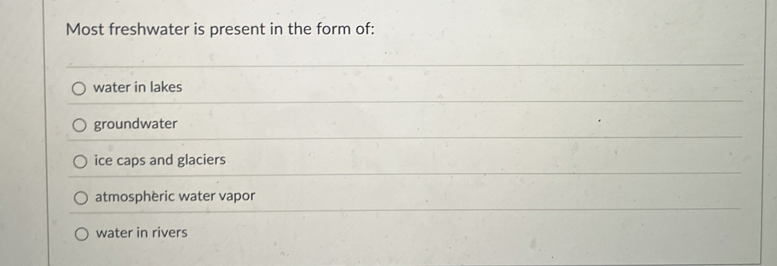 Solved Most freshwater is present in the form of:q,water in | Chegg.com
