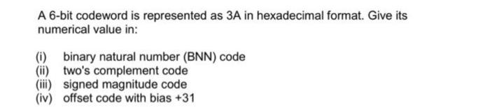 Solved A 6-bit codeword is represented as 3 A in hexadecimal | Chegg.com