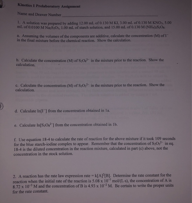 Solved Kinetics 1 Prelaboratory Assignment Name and Drawer | Chegg.com