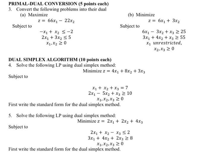 Solved PRIMAL-DUAL CONVERSION (5 points each) 3. Convert the | Chegg.com